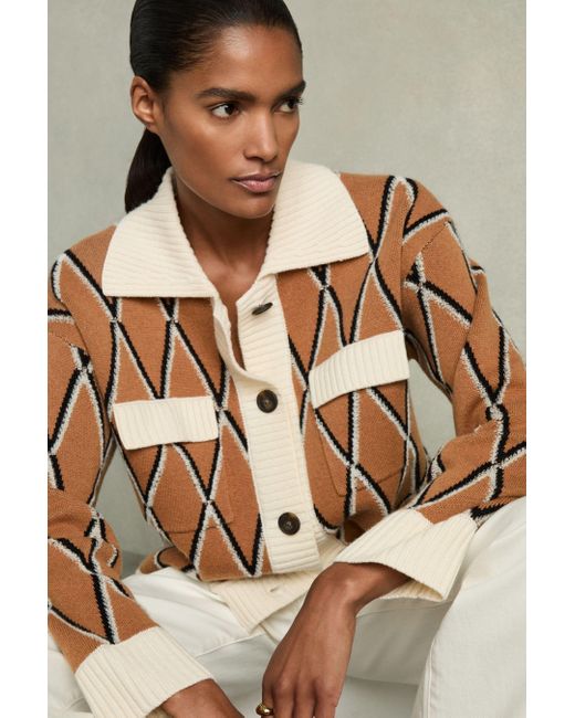 Reiss Wool-Cashmere Diamond-Jacquard Cardigan in Brown | Lyst