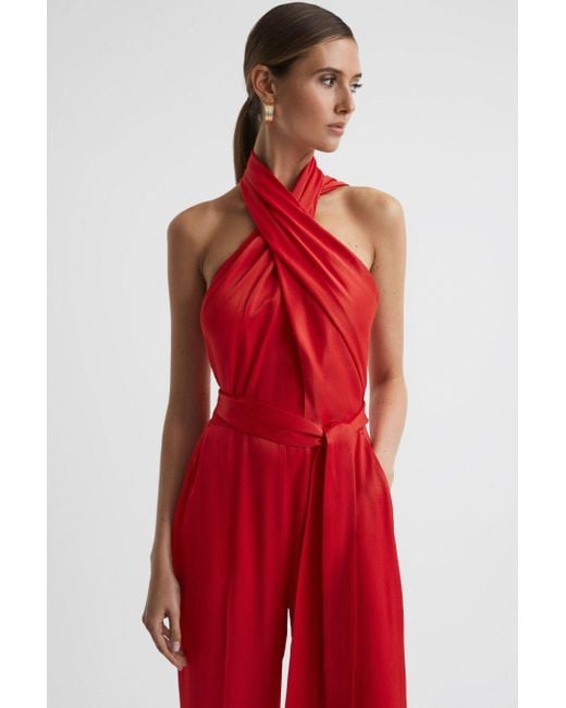 Reiss Jules Red Satin Halter Neck Fitted Jumpsuit Lyst