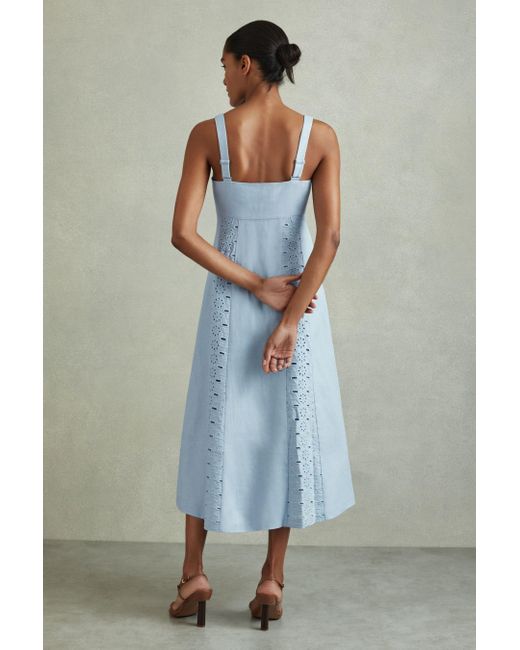 Reiss Clarice - Blue Linen Broderie Midi Dress | Lyst