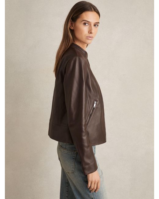 Reiss Allie - Chocolate Brown Leather Collarless Biker Jacket, Us 14 | Lyst