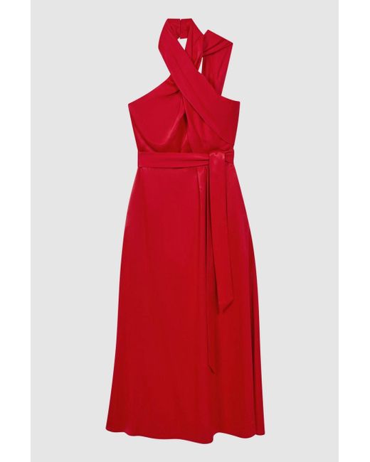 Reiss Vida Red Satin Halter Neck Fitted Midi Dress Lyst