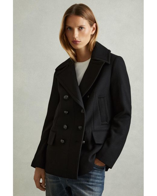 Reiss Lily - Black Wool Blend Double Breasted Pea Coat | Lyst UK