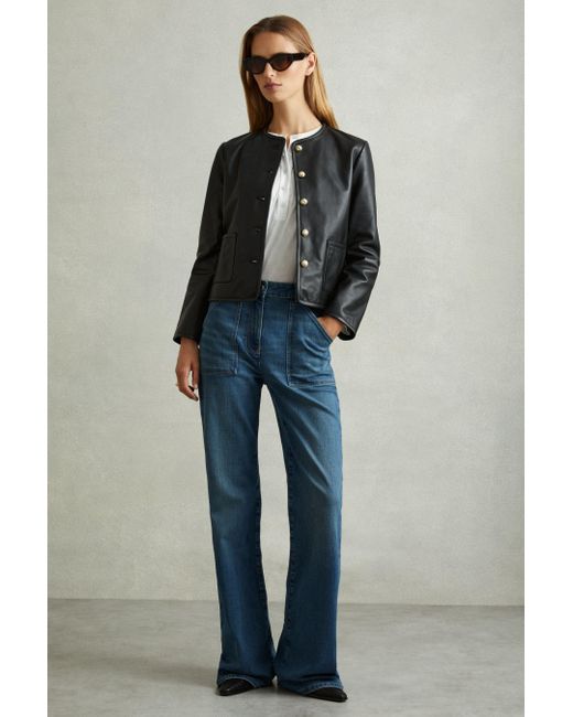 Reiss Cropped Leather Jacket in Black | Lyst