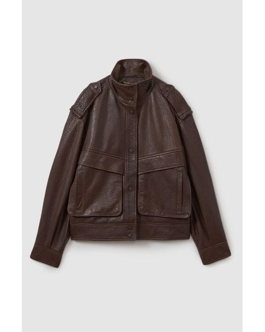 Reiss Cleo Shoulder Detail Leather Jacket in Brown | Lyst