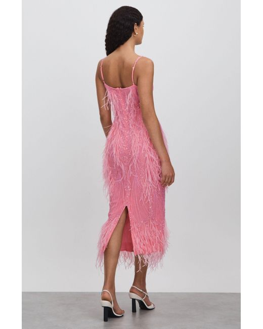 Rachel Gilbert Rachel Sequin Feather Midi Dress in Pink | Lyst
