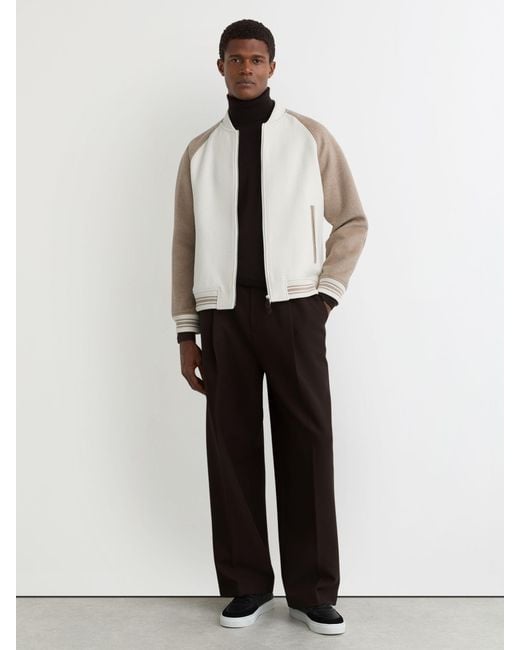 Reiss Off & Oatmeal Wool-Blend Colour-Block Bomber Jacket in Natural ...