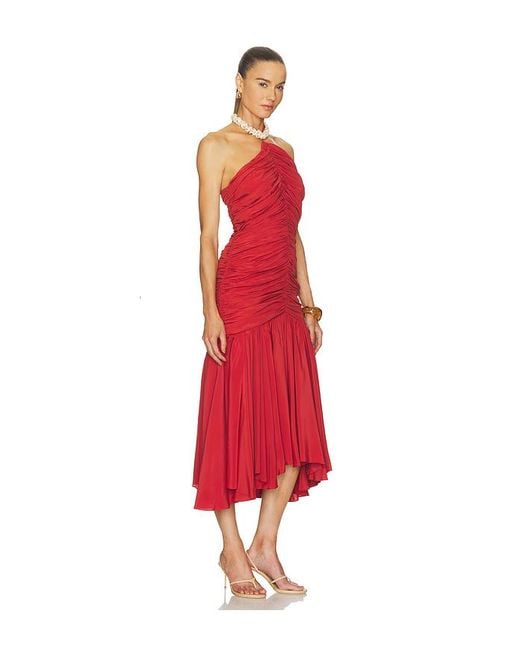 Balmain Shell Detail Draped Crepe Long Dress in Red | Lyst UK
