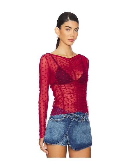 Free People Sheer Lace Long Sleeve Layering Top in Red | Lyst