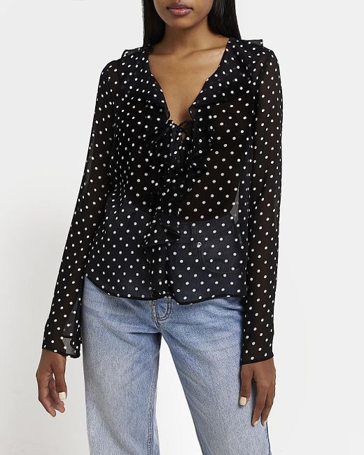 River Island Chiffon Black Spot Frill Blouse Lyst Canada