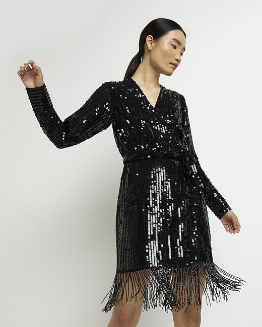 River Island Black Sequin Wrap Mini Dress Lyst