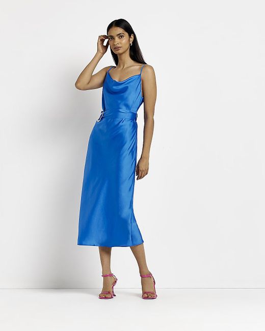 River Island Blue Satin Belted Slip Midi Dress Lyst Uk