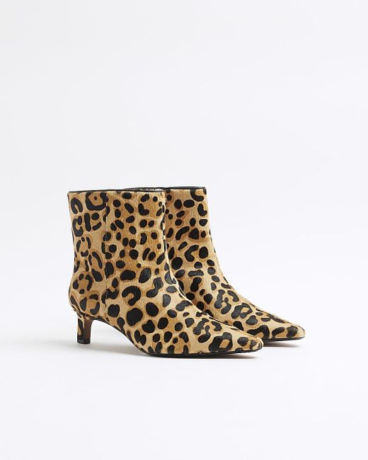 River Island Leopard Leather Kitten Heel Boots in Metallic | Lyst