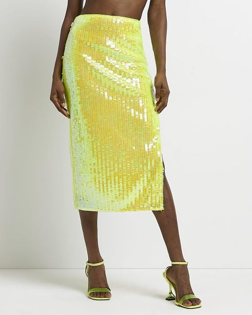 River Island Yellow Sequin Midi Pencil Skirt Lyst