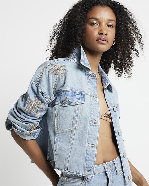 River Island Blue Sequin Embellished Denim Jacket | Lyst