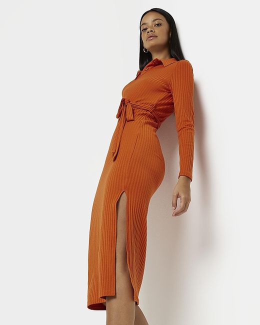 River Island Rust Long Sleeve Bodycon Midi Dress In Orange Lyst
