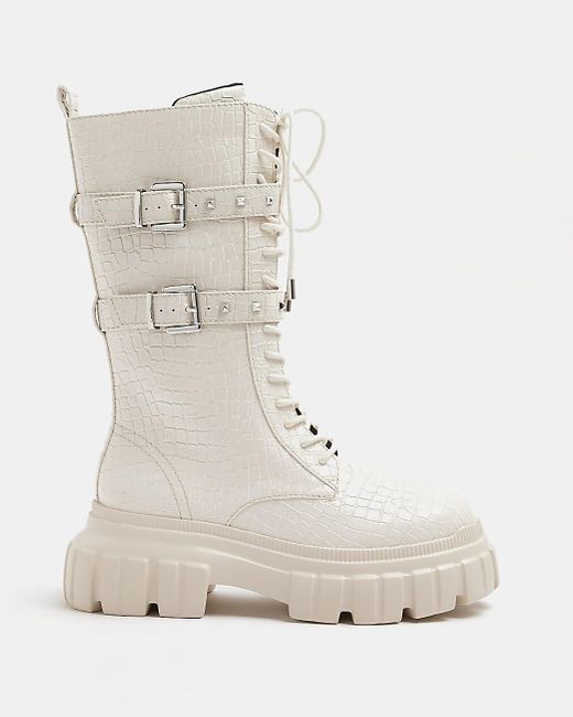 River Island Cream Double Strap Chunky High Leg Boots In Natural Lyst Canada