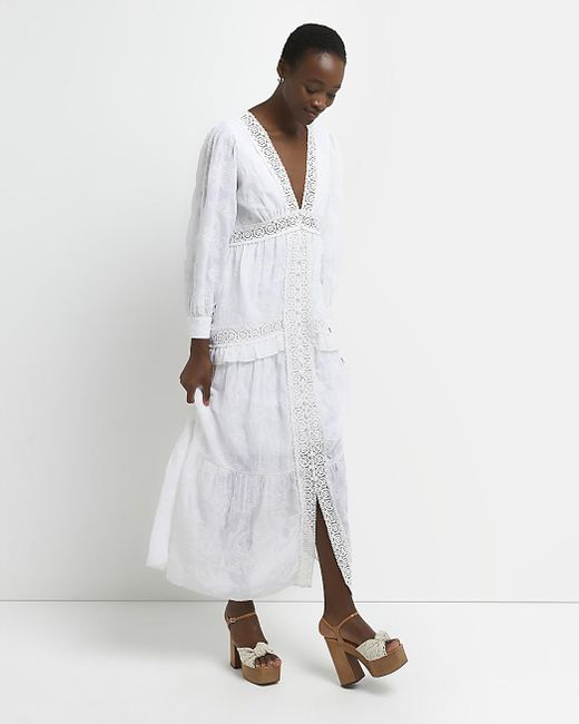 River Island White Lace Maxi Shirt Dress Lyst