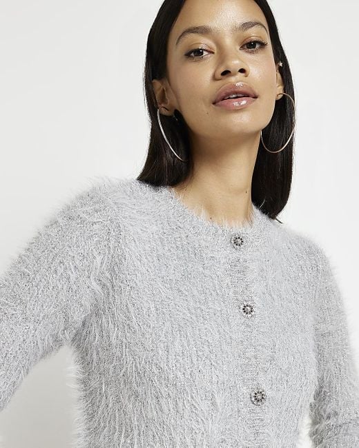 River Island Fluffy Long Sleeve Cardigan in Gray | Lyst