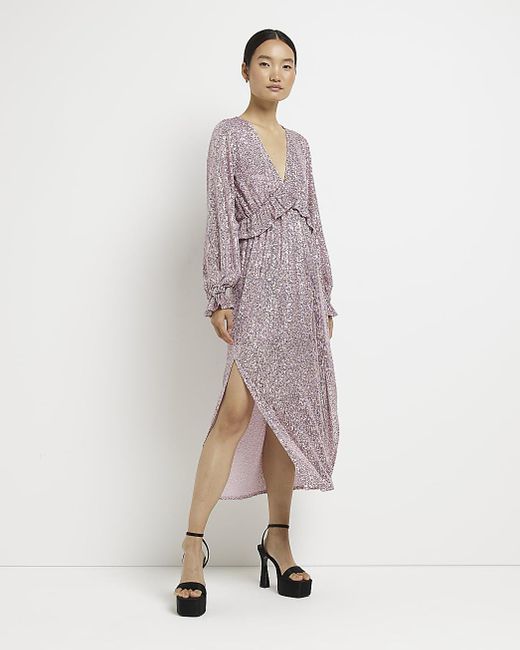 River Island Pink Sequin Frill Midi Dress Lyst