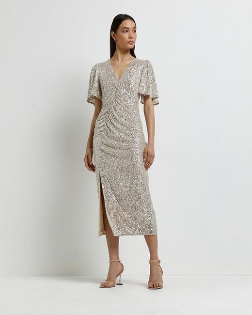 River Island Synthetic Silver Sequin Ruched Midi Dress In Grey Lyst Uk