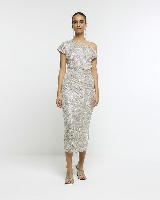 River Island Silver Sequin Ruched Bardot Midi Dress In White Lyst