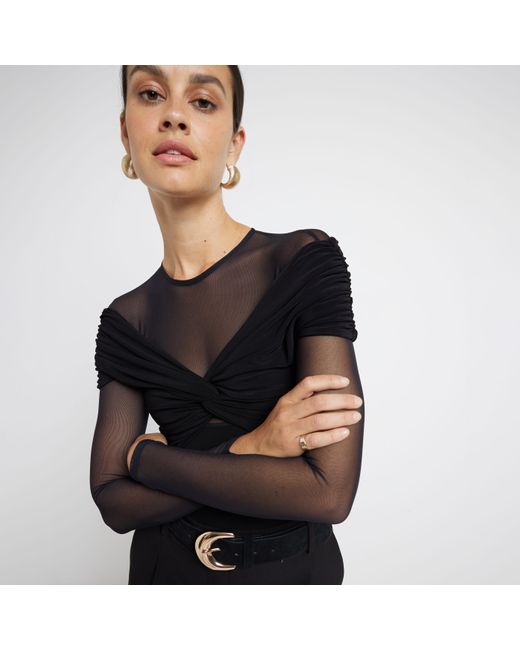 River Island Black Mesh Long Sleeve Bodysuit Lyst Uk
