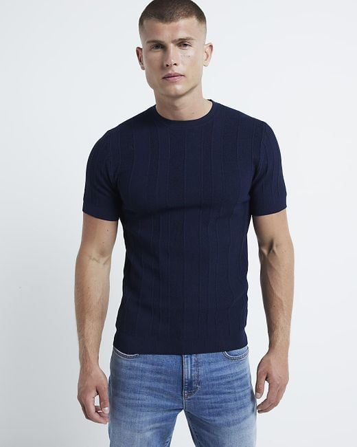 River Island Navy Muscle Fit Herringbone Knit T-shirt in Blue for Men ...
