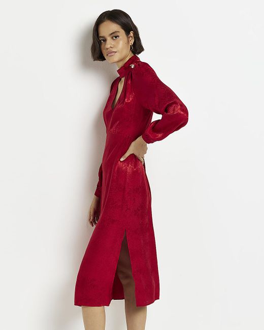 River Island Red Satin Long Sleeve Midi Dress Lyst