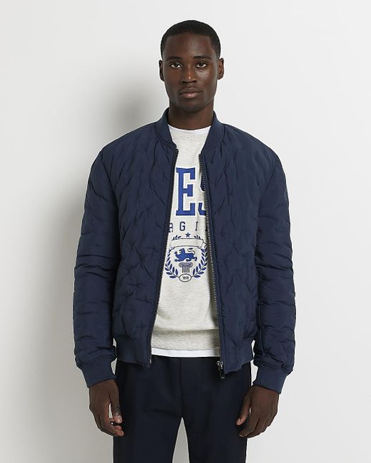 River Island Synthetic Navy Regular Fit Nylon Quilted Bomber Jacket In Blue For Men Lyst
