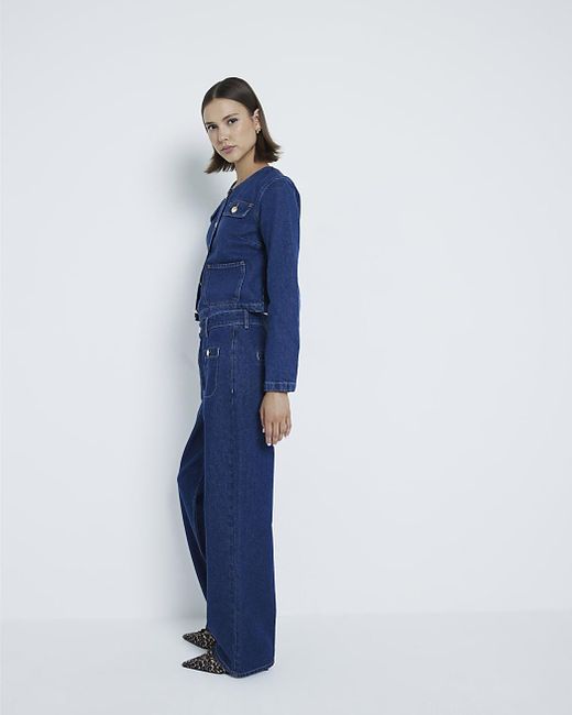 River Island Cropped Trophy Jacket in Blue | Lyst