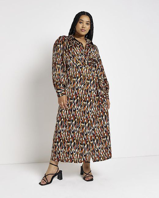 River Island Plus Black Satin Long Sleeve Maxi Wrap Dress In White
