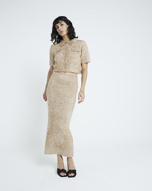 River Island Gold Tinsel Knit Skirt in White | Lyst UK