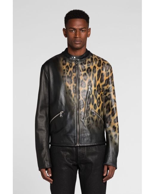 Roberto Cavalli Leopard Print Leather Bomber Jacket in Black for Men | Lyst