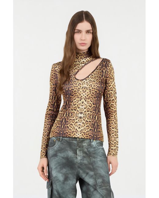 Roberto Cavalli Leopard Print Cut-Out Sweater in Brown | Lyst UK