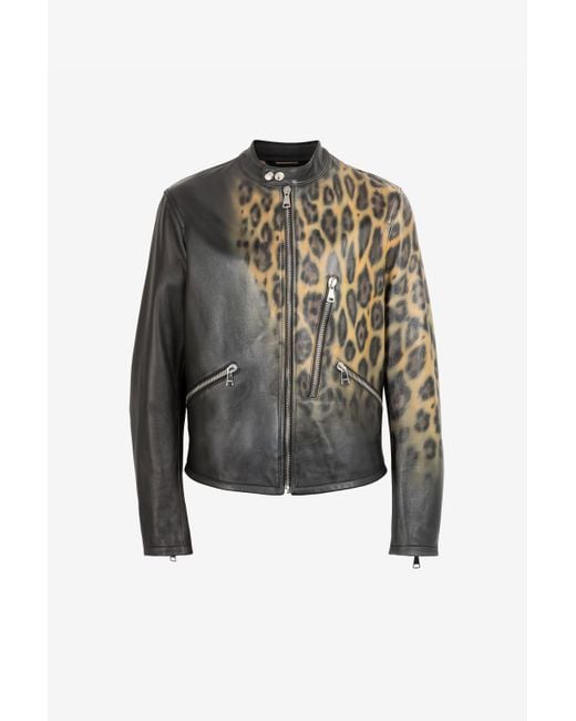 Roberto Cavalli Leopard Print Leather Bomber Jacket in Black for Men | Lyst