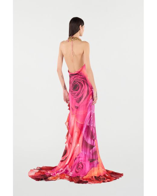 Roberto Cavalli Dress With Rose Print And Flounces in Red | Lyst