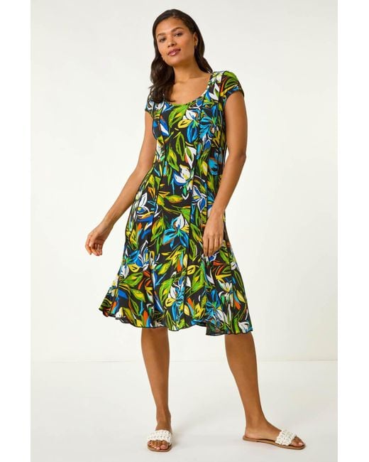 Roman Floral Print Panel Detail Stretch Dress in Green | Lyst UK