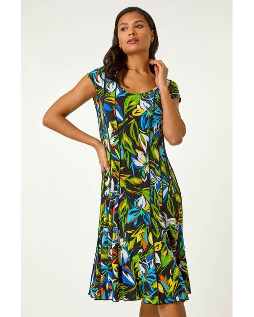 Roman Floral Print Panel Detail Stretch Dress in Green | Lyst UK