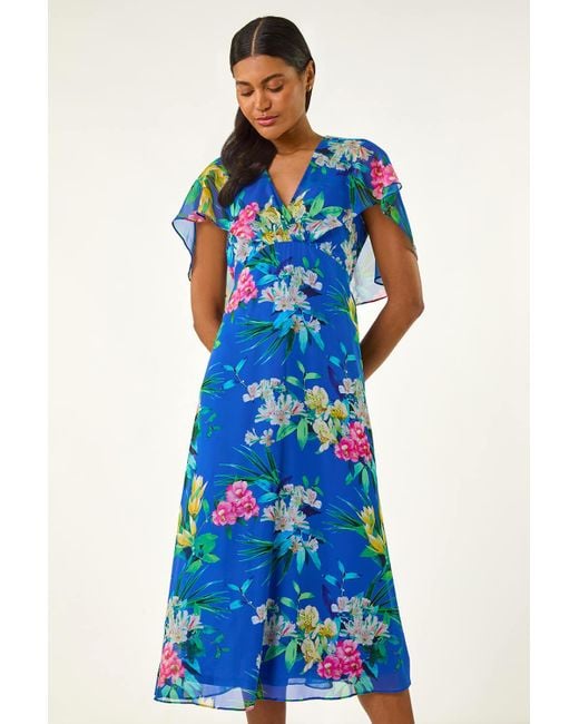 Roman Floral Chiffon Back Cape Dress in Blue | Lyst UK