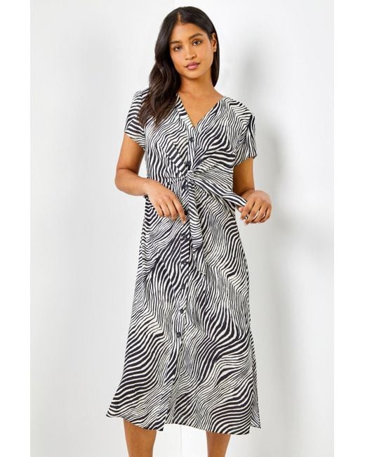 Roman Abstract Wave Print Tie Knot Detail Dress in Black | Lyst UK