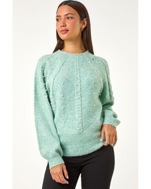 Roman Pearl Embellished Cable Knit Jumper in Green | Lyst UK