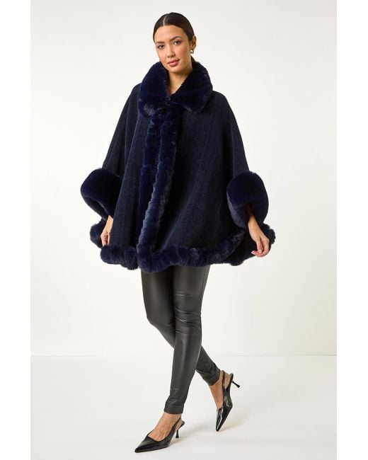 Roman Classic Faux Fur Trim Cape in Blue | Lyst UK