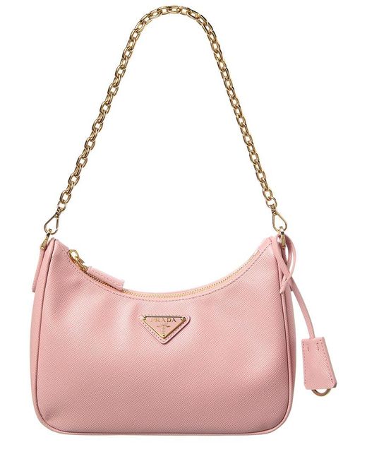 Prada Logo Mini Saffiano Leather Hobo Bag in Pink | Lyst UK