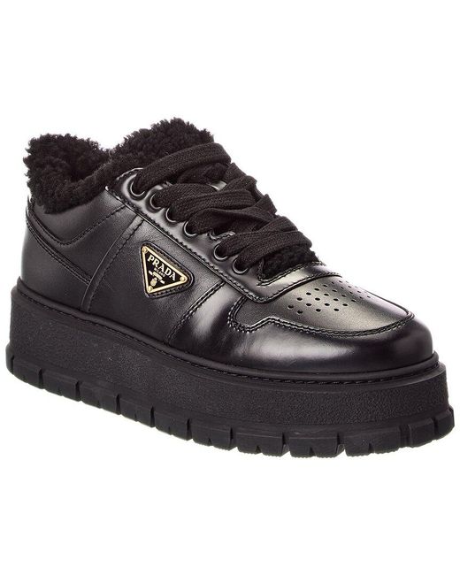 Prada Logo Leather & Shearling Platform Sneaker in Black | Lyst UK