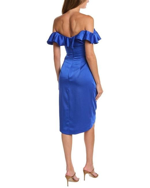 THEIA Off-The-Shoulder Satin Midi Dress in Blue | Lyst