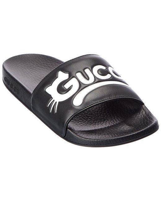 Gucci Kitty Logo Leather Slide in Black | Lyst
