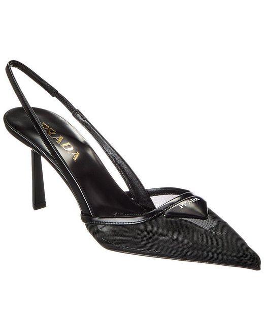 Prada Logo Mesh & Leather Pointy-Toe Slingback Pump in Black | Lyst