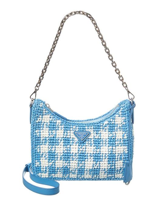 Prada Logo Plaque Raffia & Leather Hobo Bag in Blue | Lyst UK