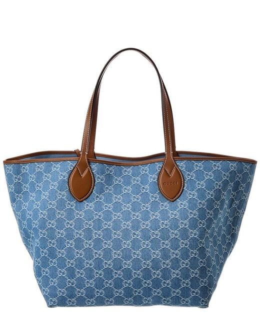Gucci Totissima Large Gg Denim & Leather Tote in Blue | Lyst