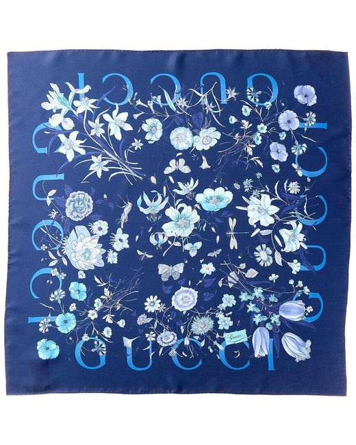 Gucci Flora Print Silk Scarf in Blue | Lyst UK